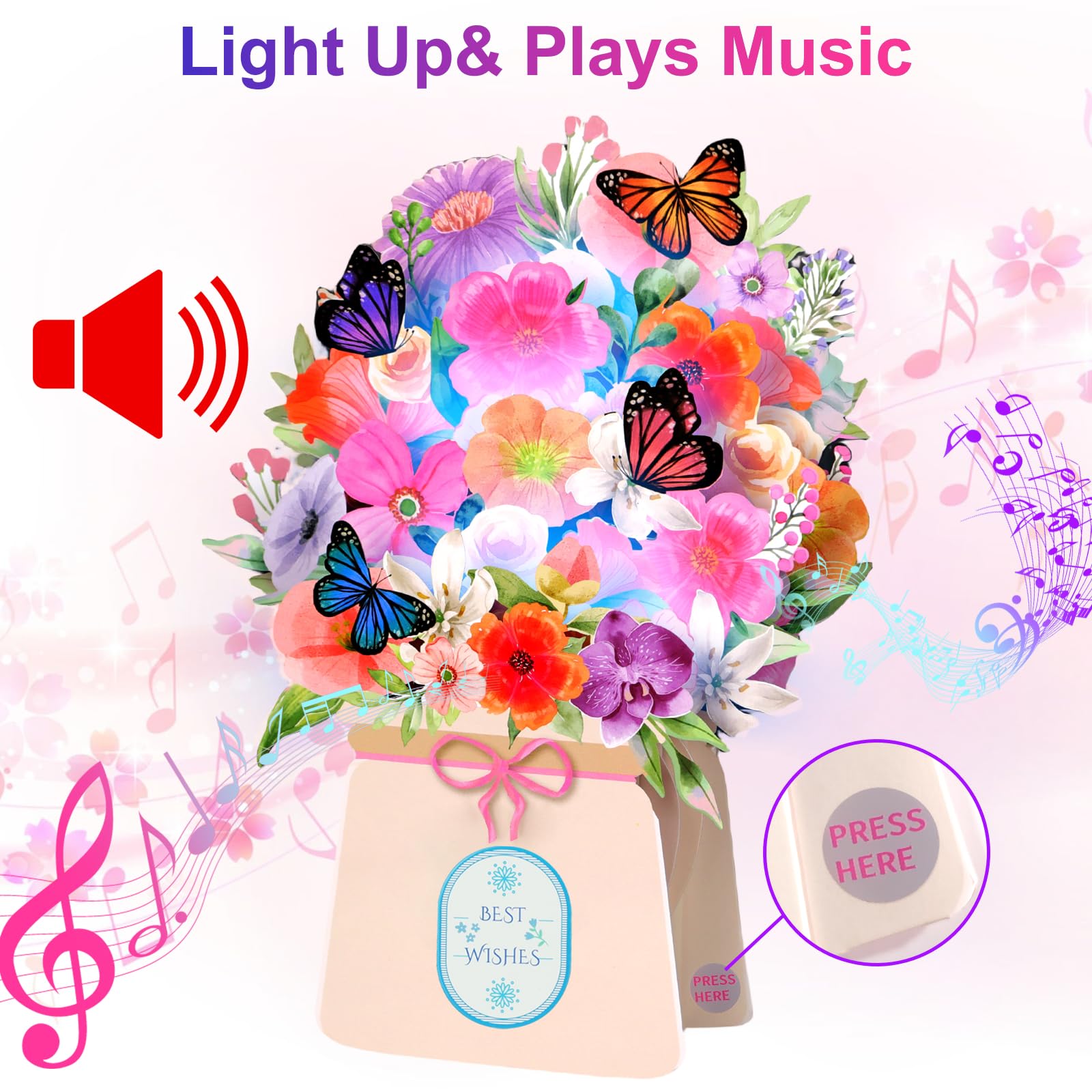 LIGHTS & MUSIC DIY Pop Up Cards, THANK YOU, BEST WISH, CONGRATS, GET WELL SOON, JUST FOR YOU, I LOVE YOU, 10'' Lily and Butterflies Flower Bouquet 3D Greeting Cards for Women Wife Mom Sister Friend