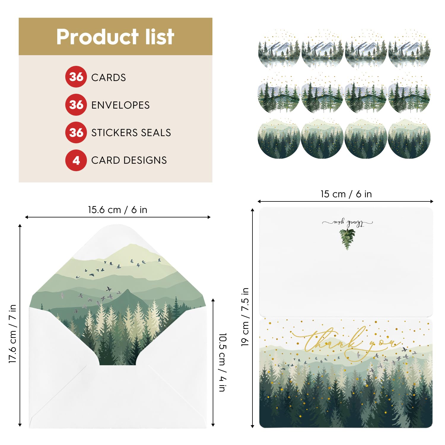 Artoid Mode 36 Pack Mountain Tree Forest Thank You Cards Golden Polka Dot Greeting Cards Gift With Envelope Sticker Blank Note Cards for Birthday Wedding Baby Shower Bridal Shower, 4 x 6 Inch