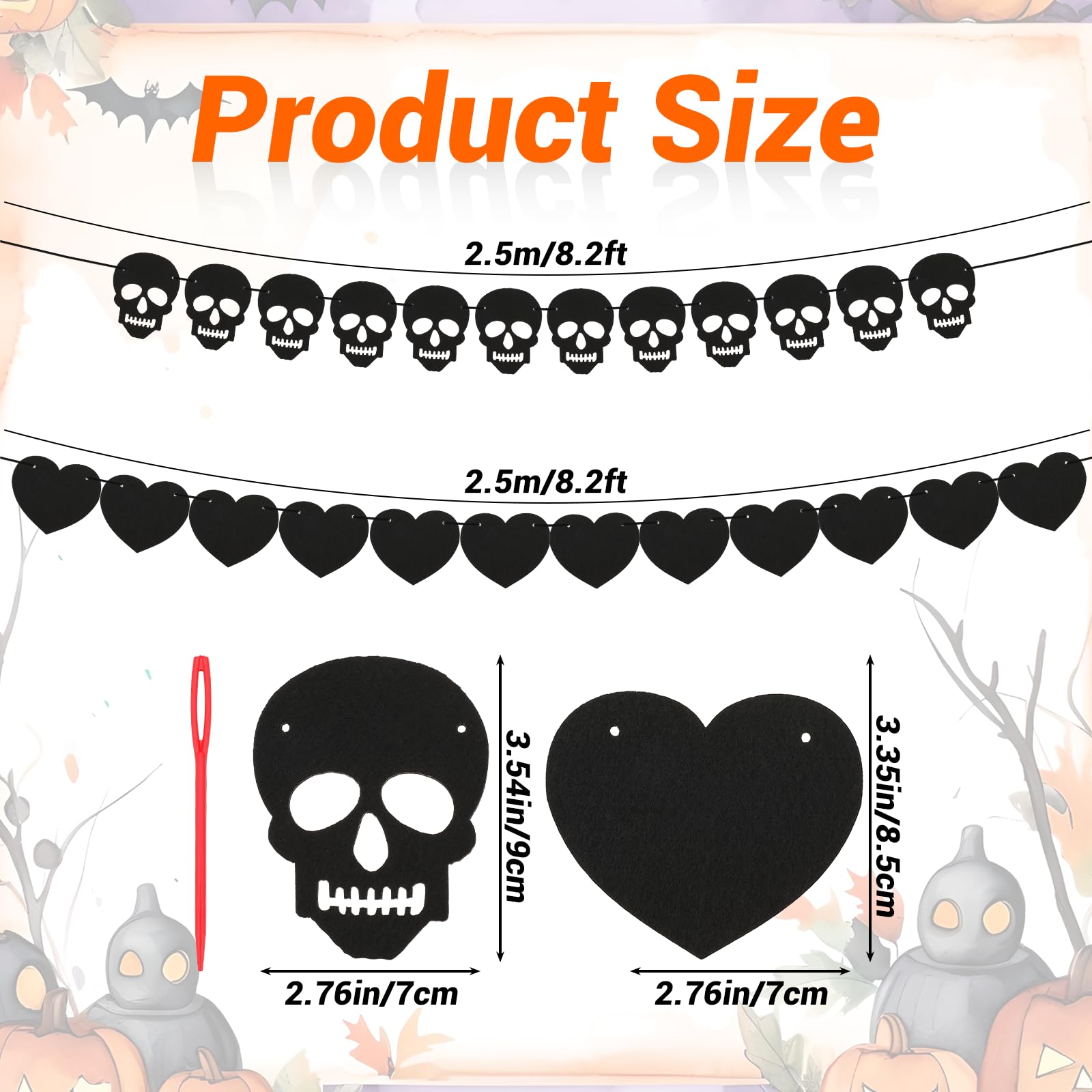 2 Set Gothic Banner Halloween Garland Black Heart Skull Felt Decor for Birthday Goth Wedding DIY Home Bachelorette Party Farewell Shower Decorations Indoor Outdoor