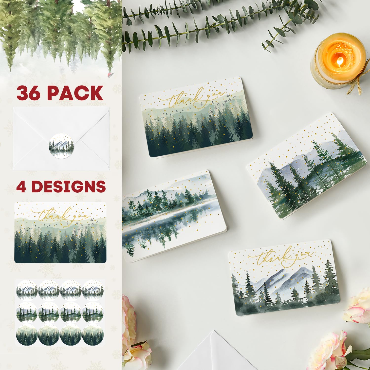 Artoid Mode 36 Pack Mountain Tree Forest Thank You Cards Golden Polka Dot Greeting Cards Gift With Envelope Sticker Blank Note Cards for Birthday Wedding Baby Shower Bridal Shower, 4 x 6 Inch