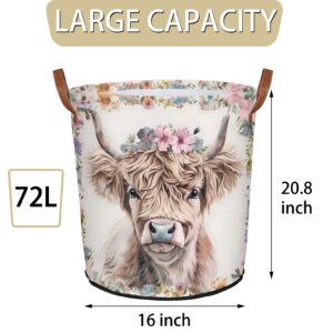 Mozaigos Highland Cow Laundry Basket Waterproof Collapsible Laundry Hamper Tote With Handles Toy Storage Basket Organizer Dirty Clothes Hamper for College Dorm, Bathroom, Bedroom, Living Room