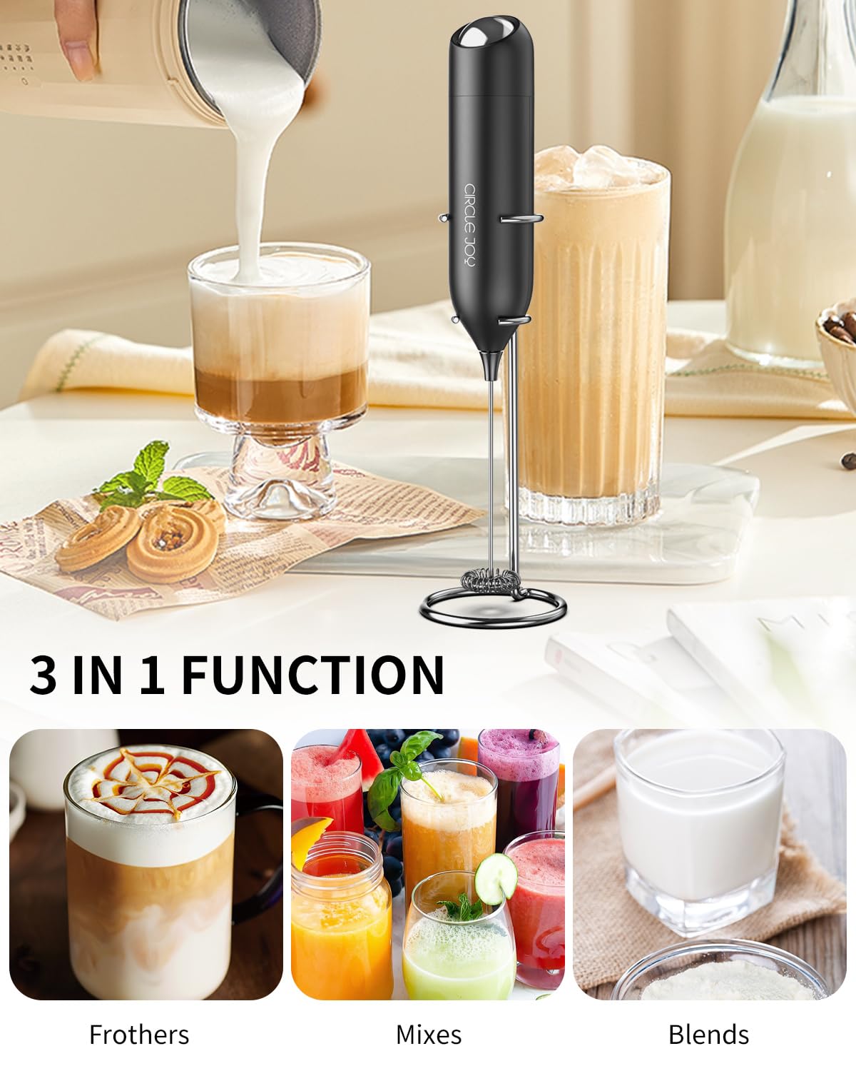 CIRCLE JOY Milk Frother Hanheld with Stand, Electric Coffee Frother, Battery Operated Hand Frother Wand Drink Mixer Mini Foamer for Matcha Lattes Cappuccino, Kitchen Gifts, Black