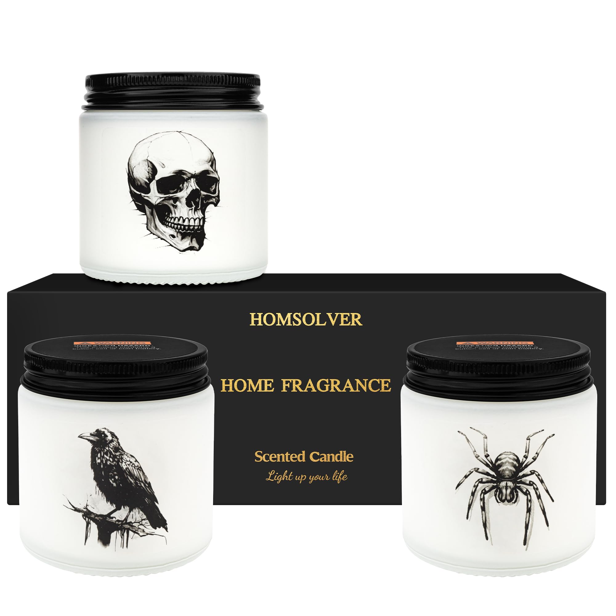 Homsolver Halloween Candles, Halloween Decorations Indoor Decor Gifts, Hallloween Spooky Skull Crow Spider Candles, Halloween Home Decor Indoor - Hallloween Lavender 3 Candles Set with LED Light