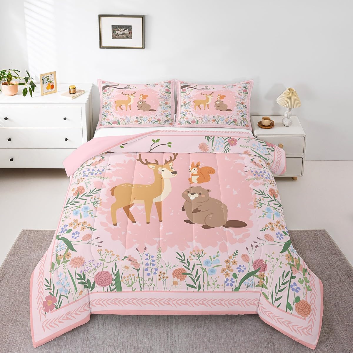 Erosebridal Floral Animal Toddler Kids Bedding Set - Cute Sika Deer Squirrel Comforter Set Twin Size for Teen Girls Woodland Animal Cartoon Fairytale Bed Comforter Set Safari Quilted Duvet Set 2Pcs