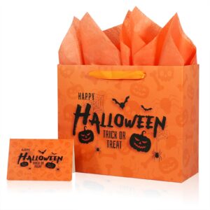 halloween trick or treat gift bag with greeting card and tissue papers, 12.6" reusable halloween paper bag with handles for halloween party supplies