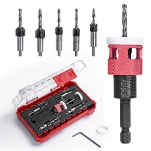 5 pcs countersink drill bit set with low friction depth stop, hss m2 bits tapered head1/8 9/64" 5/32" drill+3/8” 82° counter-bore,11/64" 3/16" drill+ 1/2" 82° counter bore,1/4” hex shank(red)