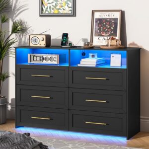 viagdo 6 drawers dresser for bedroom with charging station & led lights, 47.2" wide wood chest of drawers with metal handle, black storage dresser for closet bedroom living room, open storage cubby