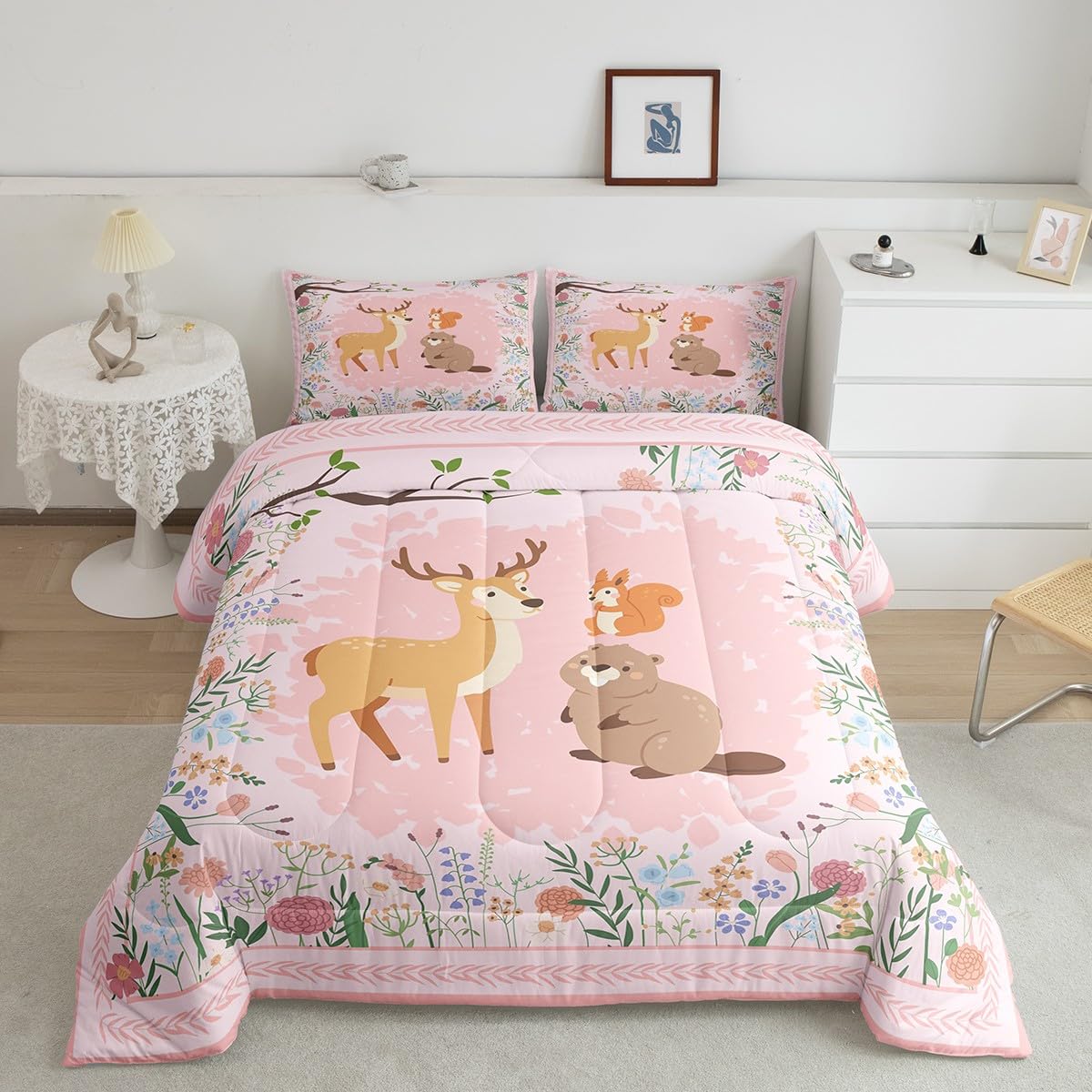 Erosebridal Floral Animal Toddler Kids Bedding Set - Cute Sika Deer Squirrel Comforter Set Twin Size for Teen Girls Woodland Animal Cartoon Fairytale Bed Comforter Set Safari Quilted Duvet Set 2Pcs