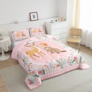 Erosebridal Floral Animal Toddler Kids Bedding Set - Cute Sika Deer Squirrel Comforter Set Twin Size for Teen Girls Woodland Animal Cartoon Fairytale Bed Comforter Set Safari Quilted Duvet Set 2Pcs