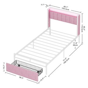 LIKIMIO Twin Size Bed Frame with Armrests Headboard & RGB Light, Upholstered Twin Size Bed Platform with Drawers, No Box Spring Needed, Study & No Noise, Modern Pink