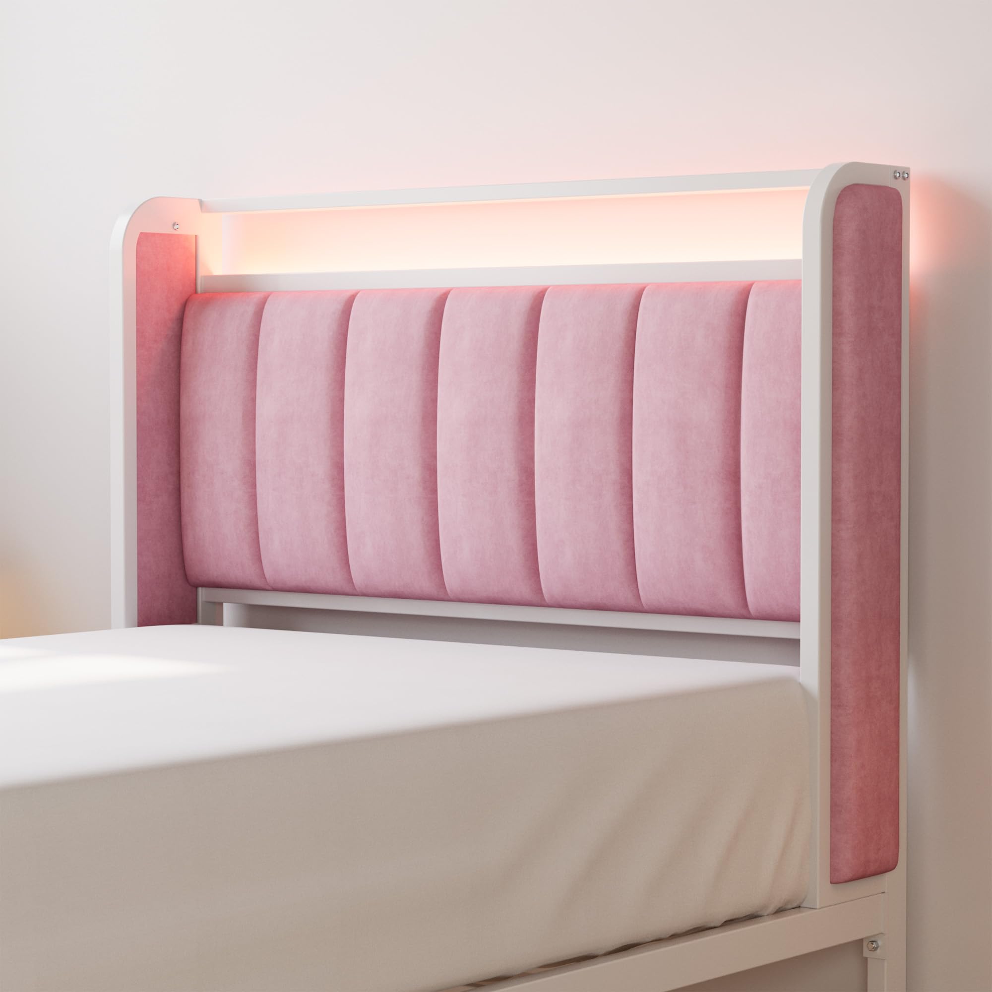 LIKIMIO Twin Size Bed Frame with Armrests Headboard & RGB Light, Upholstered Twin Size Bed Platform with Drawers, No Box Spring Needed, Study & No Noise, Modern Pink