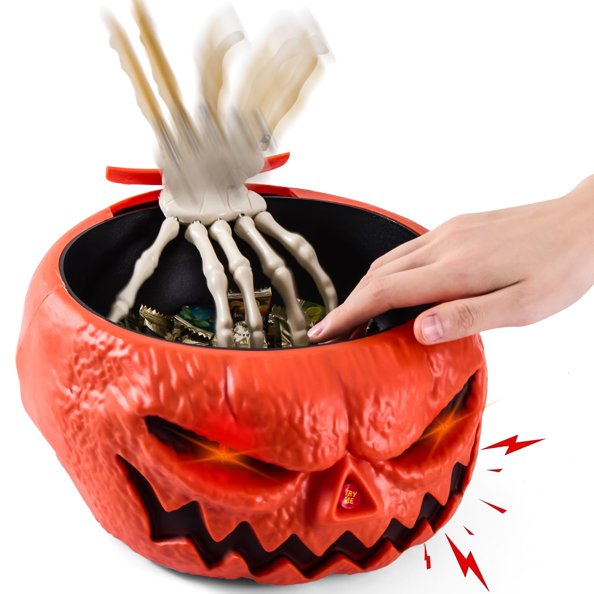 NEXIHOO Animatronic Halloween Candy Bowl - Pumpkin Bowl Halloween Decor Touch Activated with Creepy Sound,Moving Skeleton Hand, Light Up Animated Eyes, Scary Candy Dish for Halloween Party Decoration