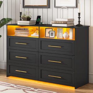 VIAGDO 6 Drawers Dresser for Bedroom with Charging Station & LED Lights, 47.2" Wide Wood Chest of Drawers with Metal Handle, Black Storage Dresser for Closet Bedroom Living Room, Open Storage Cubby