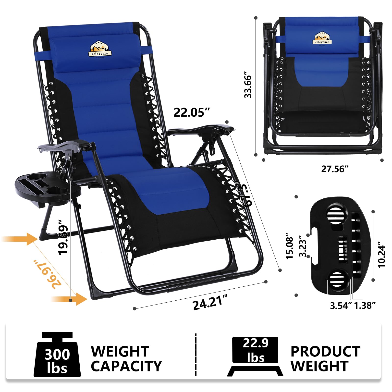 Colegence XL Oversized Zero Gravity Chair, Fully Padded Adjustable Anti Gravity Reclining Lounge Chairs with Cup Holder Folding Recliner for Beach,Camping,Lawn,Patio,Outdoor, Support 300 LBS（Blue）