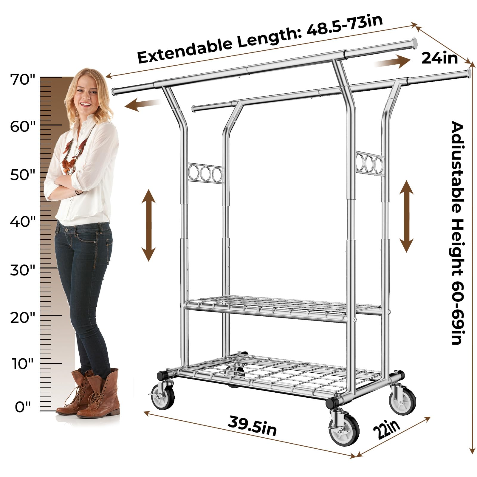 HYSEYY Clothes Rack Clothing Rack 620 LBS,Heavy Duty Clothes Rack with Wheels,Rolling Clothing Racks for Hanging Clothes,Portable& Adjustable Clothes Wardrobe Organizer,Sliver