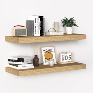 fun memories floating shelves - 24 inch rustic wooden wall shelves - extra deeper & thicker wall mounted storage shelf for living room, kitchen, farmhouse - 24" x 9" x 1.6" 2pack, oak