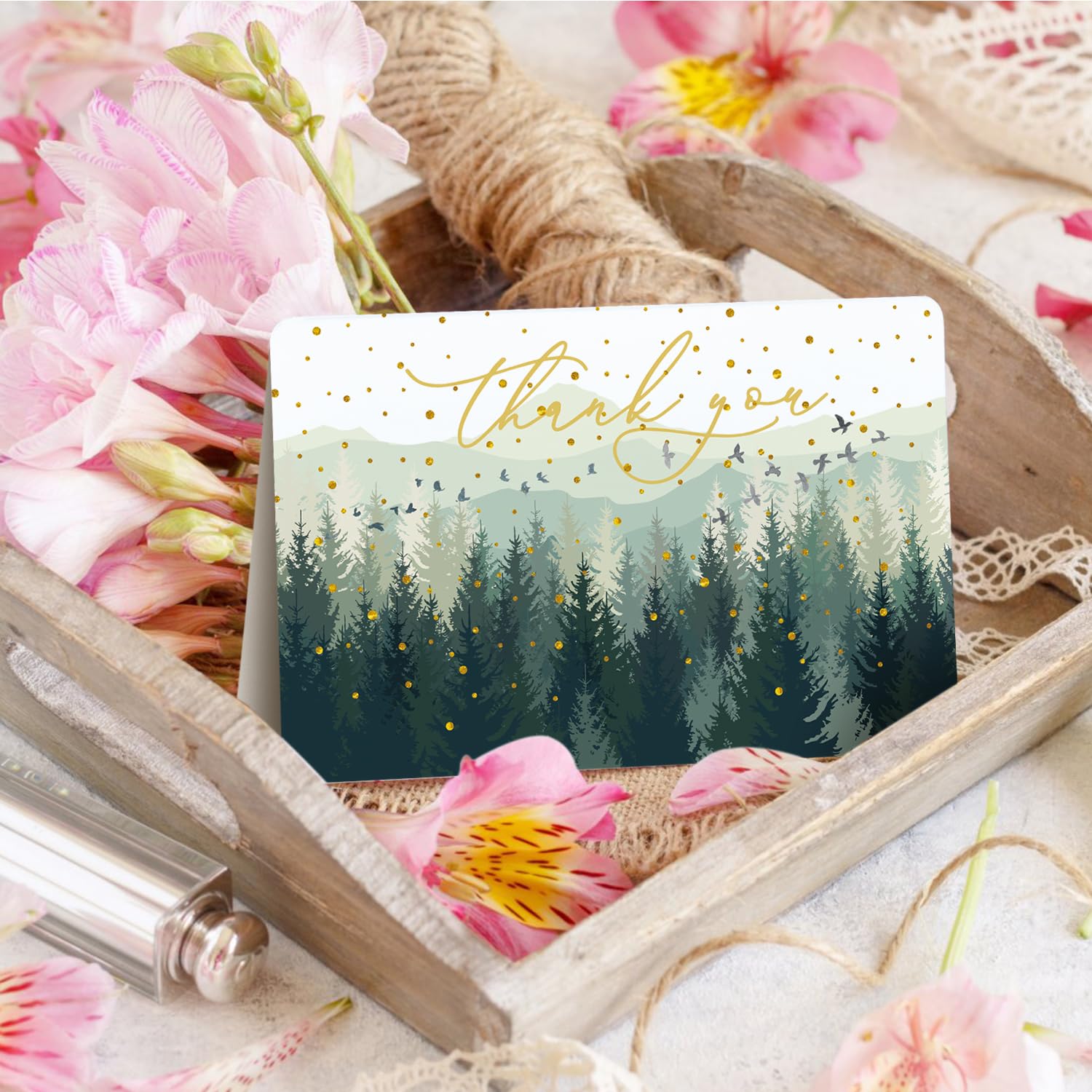 Artoid Mode 36 Pack Mountain Tree Forest Thank You Cards Golden Polka Dot Greeting Cards Gift With Envelope Sticker Blank Note Cards for Birthday Wedding Baby Shower Bridal Shower, 4 x 6 Inch