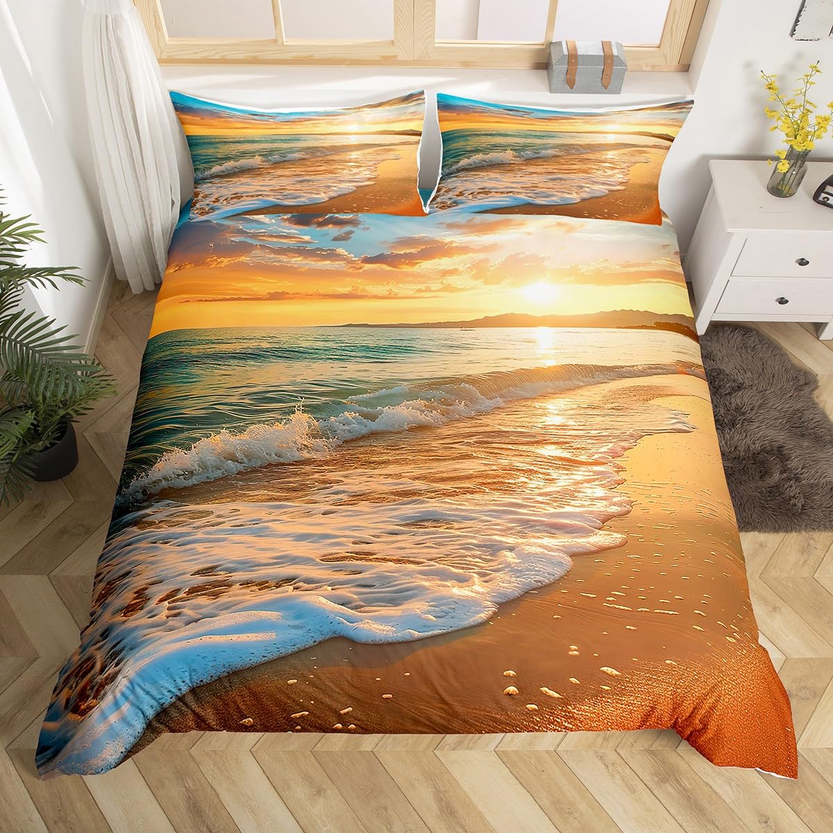 Feelyou Hawaiian Beach Bedding Set King Size Kids Sea Printed Comforter Cover Set for Boys Girls Teens Summer Holiday Vacation Duvet Cover Nature Pattern Bedspread Cover（No Comforter