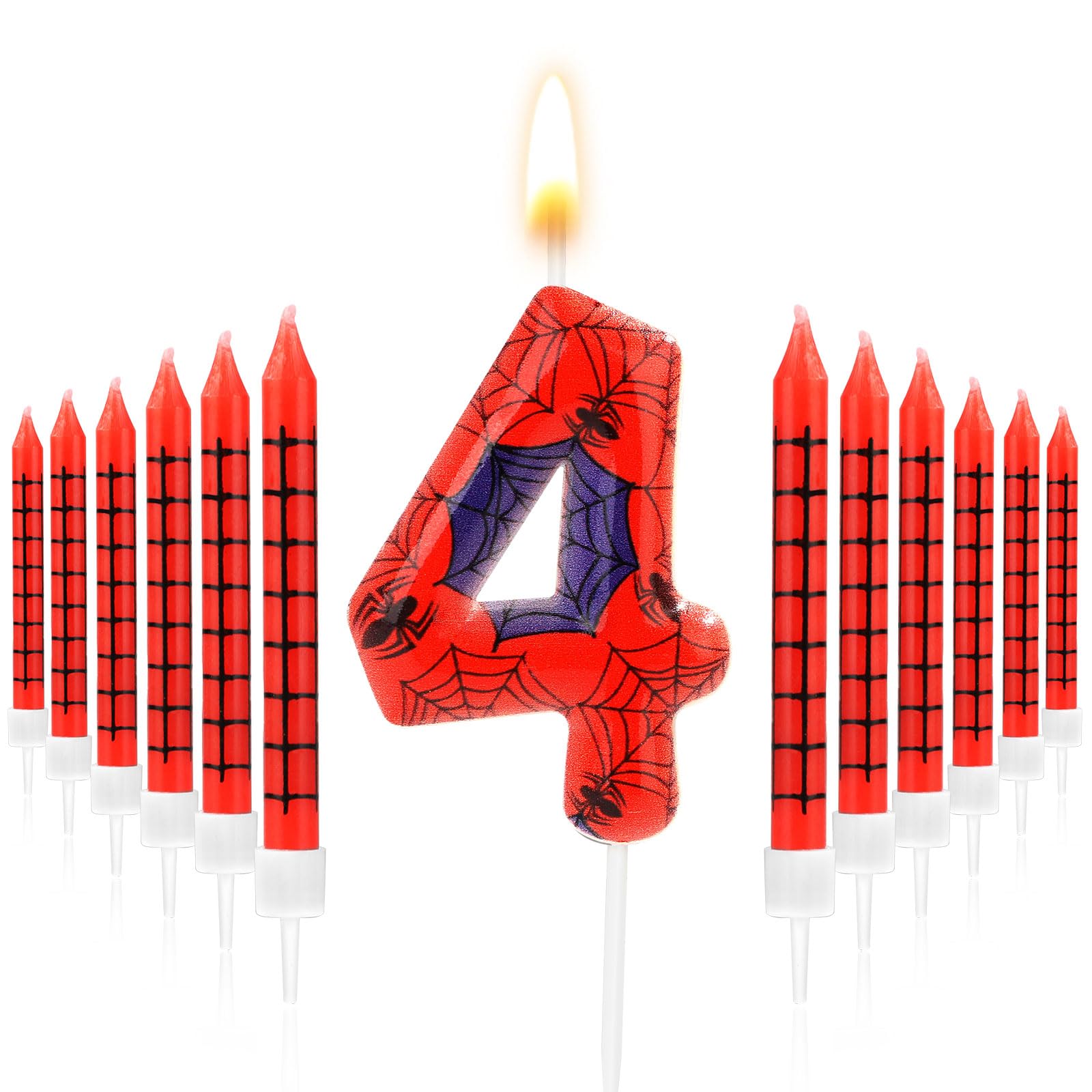 12pcs Spider Web Printed Candles & 1pc Number Candle, Red Blue Spider Themed Birthday Candle Spider Candles Spider Birthday Decorations for Boys Girls Cake Decor (Number 4)