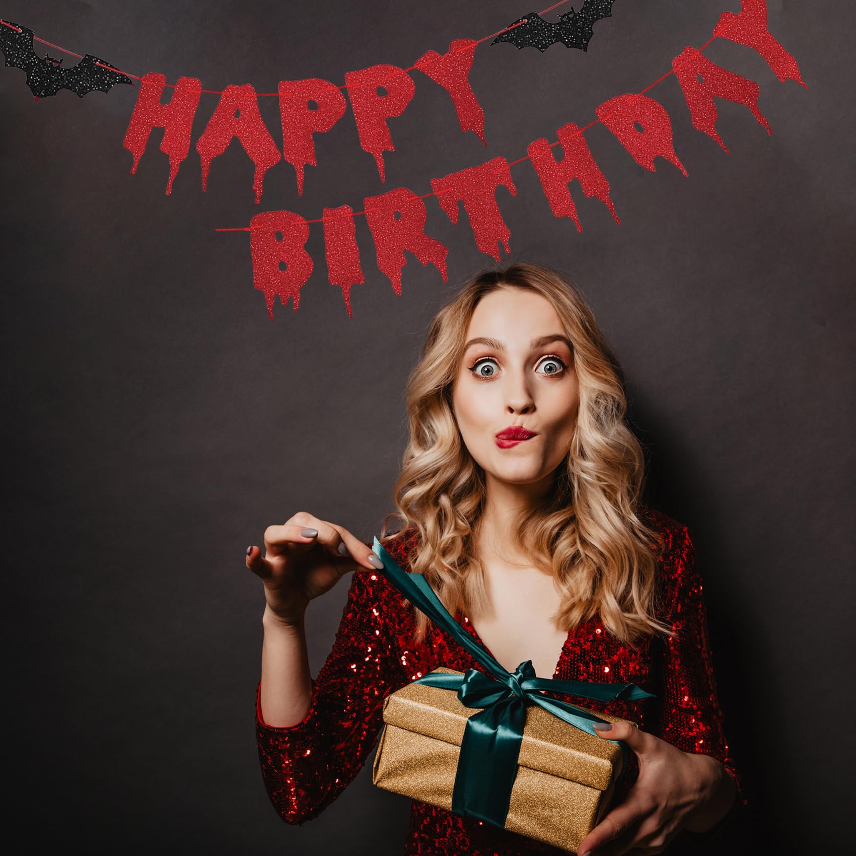 Red Glittery Happy Birthday Halloween Banner Halloween Hanging Paper Garland Bunting Banner Photo Backdrop Halloween Bloody Horror Movie Themed Birthday Party Decorations Supplies