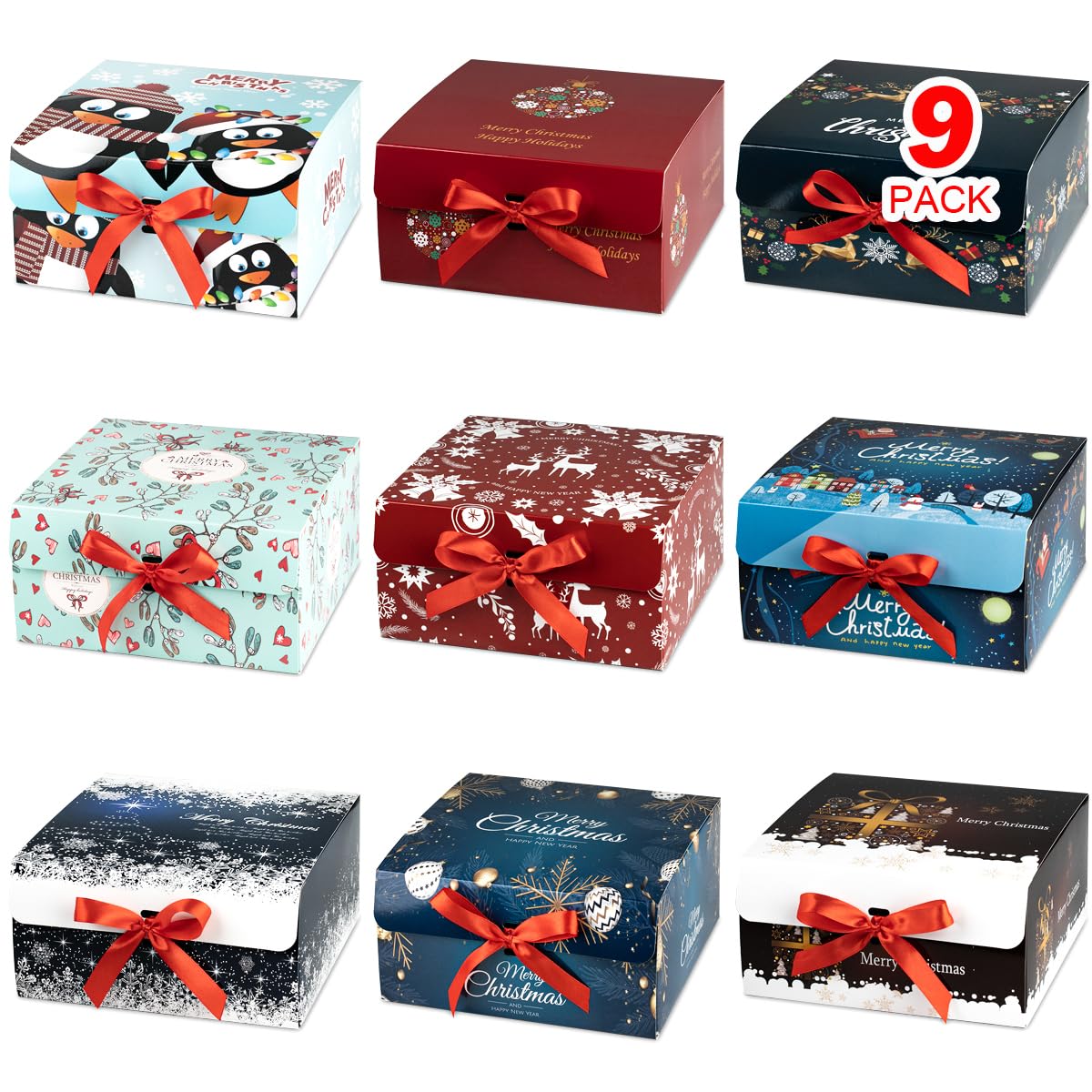 ARTLYMERS Christmas Gift Boxes with Lids, 9 Pack Gift Boxes and Red Ribbon Christmas Themed Pattern Small Gift Boxes for Christmas Presents Gifts Easy Assemble