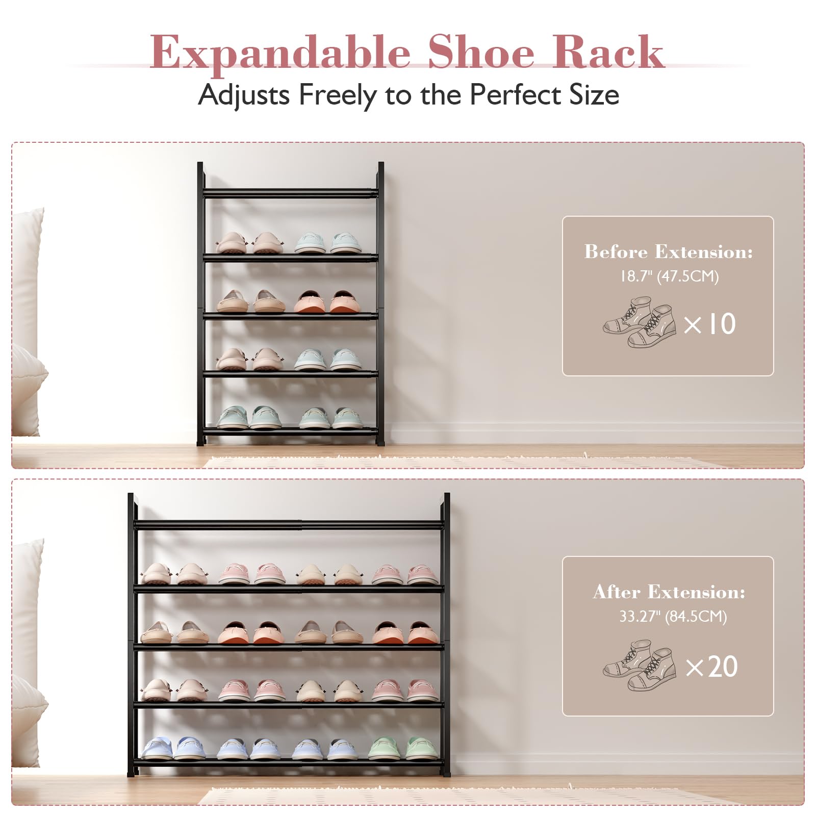 Bumusty 5-Tier Expandable Shoe Rack for Closet, 18“-33” Adjustable Shoe Rack for Small Space, Small Shoe Organizer for Front Door, Sturdy Metal (Black)