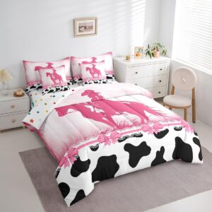 Erosebridal Cowgirl Western Bed in a Bag Queen Comforter Set 7 Piece,Pink Cowhide Bedding Sets Black and White Cow Print Sheet Set with Comforter Cowboys Gifts for Women,Horse Gifts for Girls