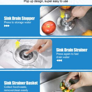 Kitchen Sink Drain Strainer, 3 in 1 All Stainless Steel Sink Strainer, Pop Up Sink Stopper with Copper Bounce Core, Anti-Clog Food Catcher Basket for US Standard 3-1/2 inch Drain (1 Pack)