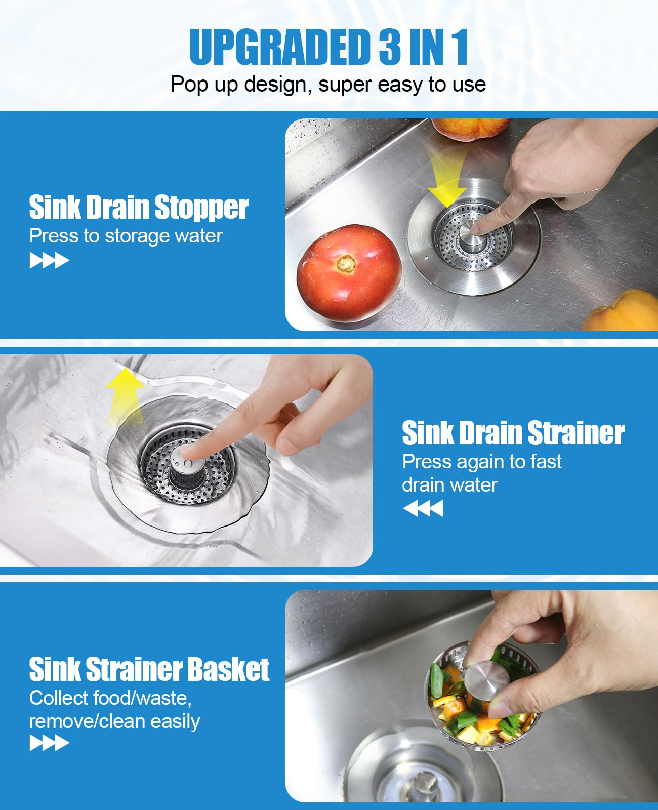 Kitchen Sink Drain Strainer, 3 in 1 All Stainless Steel Sink Strainer, Pop Up Sink Stopper with Copper Bounce Core, Anti-Clog Food Catcher Basket for US Standard 3-1/2 inch Drain (1 Pack)