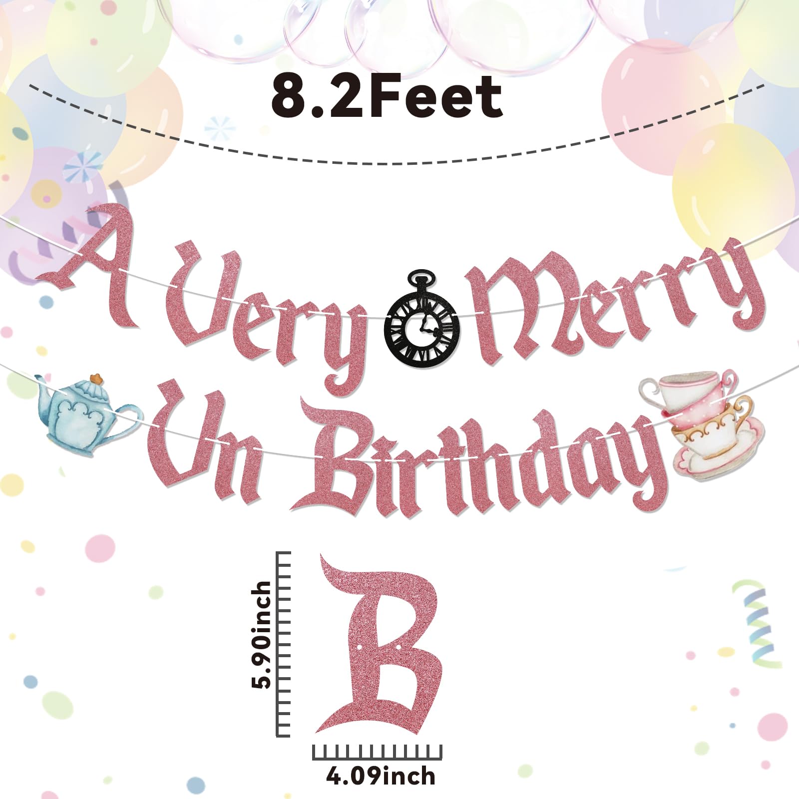 A Very Merry UnBirthday Banner, Wonderland Birthday Party Decorations for Girl, Funny Birthday Party Decor Rose Gold Glitter