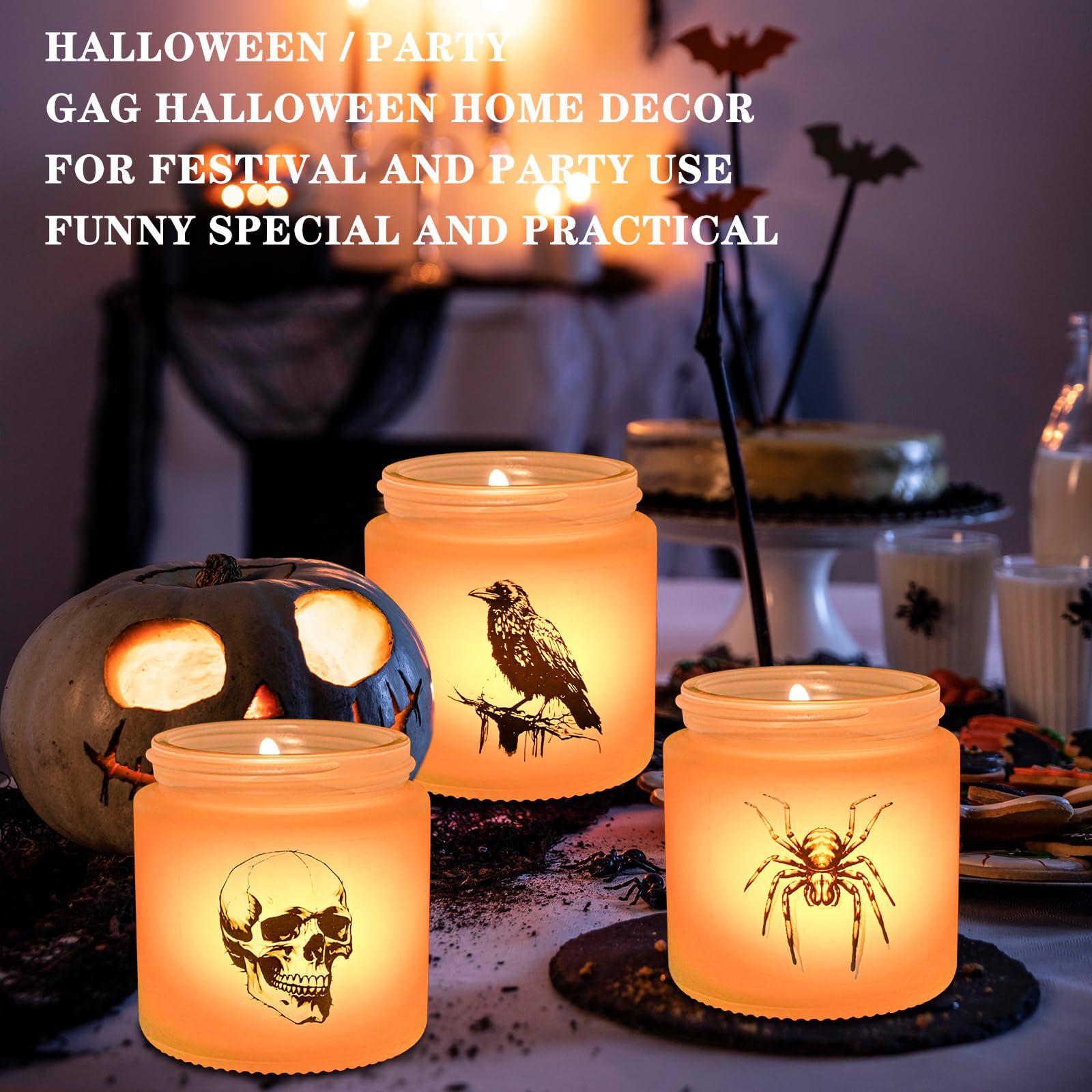 Homsolver Halloween Candles, Halloween Decorations Indoor Decor Gifts, Hallloween Spooky Skull Crow Spider Candles, Halloween Home Decor Indoor - Hallloween Lavender 3 Candles Set with LED Light