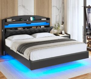 adorneve floating bed frame queen with hidden storage headboard, floating led bed frame with charging station, upholstered leather platform bed with storage, no box spring needed, black