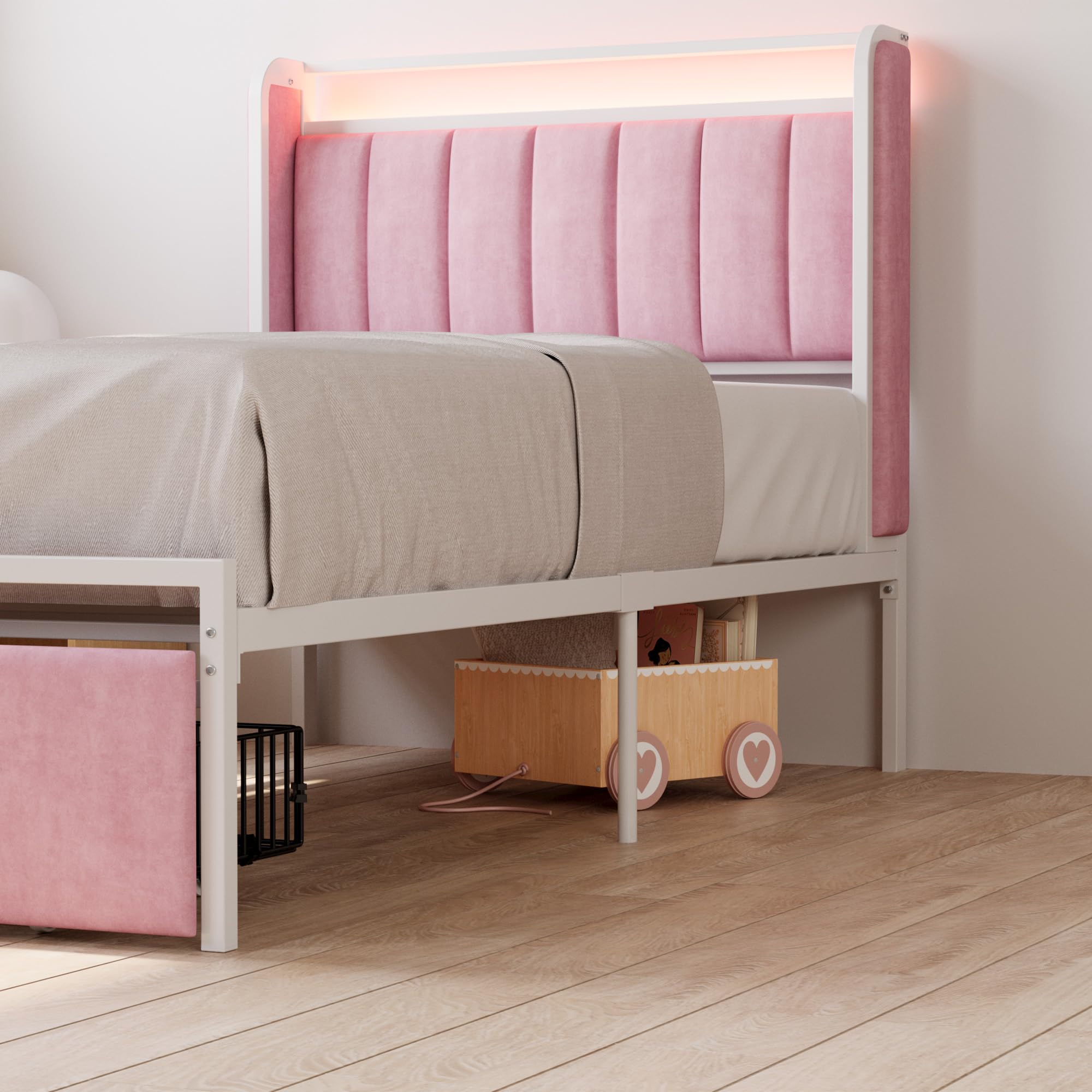 LIKIMIO Twin Size Bed Frame with Armrests Headboard & RGB Light, Upholstered Twin Size Bed Platform with Drawers, No Box Spring Needed, Study & No Noise, Modern Pink