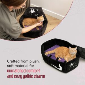 Littlesy Gothic Cat Bed with Purple Cushion - Coffin Cat Bed Ideal as Halloween Cat Bed, Perfect Goth Cat Bed in Black and Purple for Gothic-Themed Homes