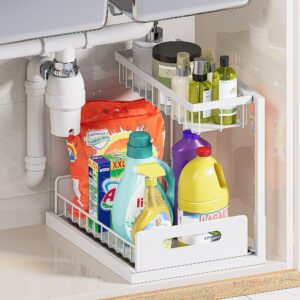 vusign under sink organizer and storage, slide out cabinet organizer, pull out sink shelf for kitchen bathroom laundry, white, 1 pack