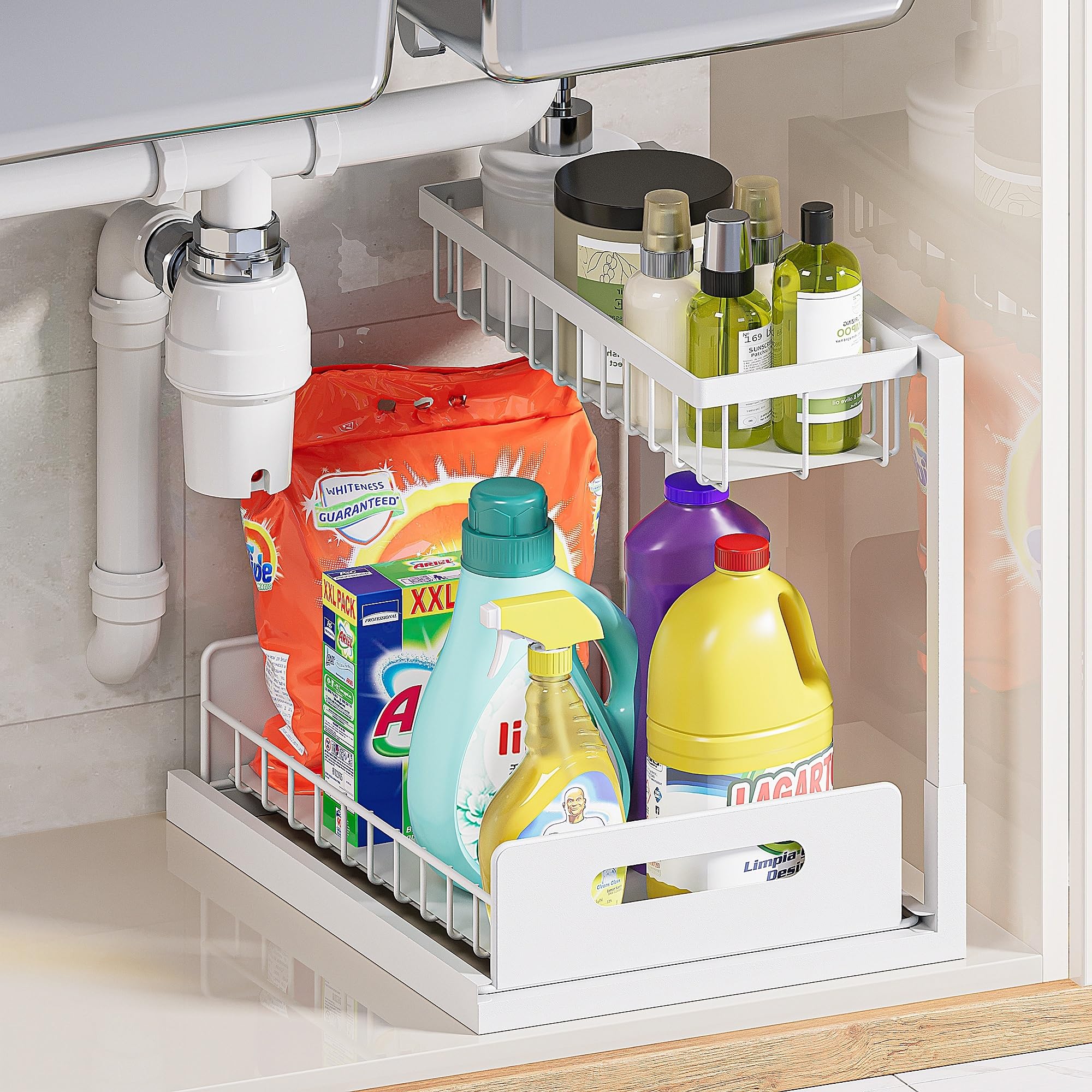 VUSIGN Under Sink Organizer and Storage, Slide Out Cabinet Organizer, Pull Out Sink Shelf for Kitchen Bathroom Laundry, White, 1 Pack