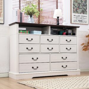 enhomee 10 drawers dresser for bedroom 55.2''wide wood dresser white dresser with led & power outlet large dressers & chests of drawers for closet,hallway, 55.2" w x 39.4" h x15.8 d