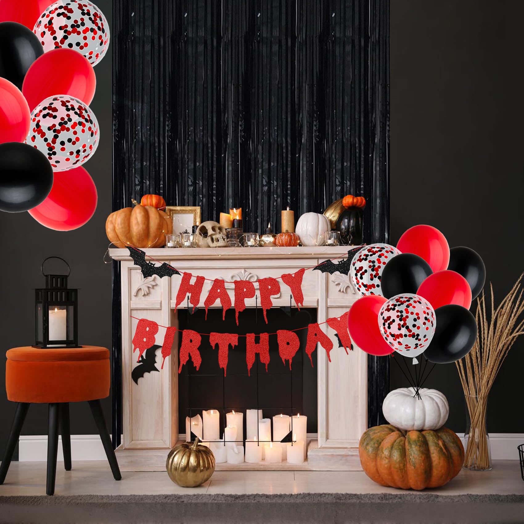 Red Black Happy Birthday Glittery Halloween Banner Black Foil Curtains Backdrop 3D Bat Sticker Latex Balloons Confetti Balloon for Birthday Party Decoration Halloween Party Supplies