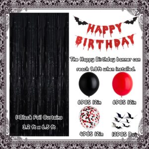 Red Black Happy Birthday Glittery Halloween Banner Black Foil Curtains Backdrop 3D Bat Sticker Latex Balloons Confetti Balloon for Birthday Party Decoration Halloween Party Supplies