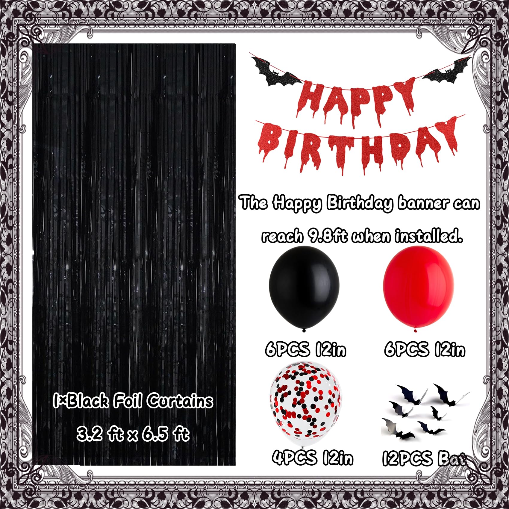 Red Black Happy Birthday Glittery Halloween Banner Black Foil Curtains Backdrop 3D Bat Sticker Latex Balloons Confetti Balloon for Birthday Party Decoration Halloween Party Supplies