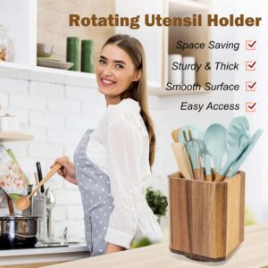 RedCall Acacia Wood Utensil Holder, 360° Rotating Large Cooking Utensil Organizer, Kitchen Tool Storage for Countertop,Spoon Spatula Holder for Kitchen Counter,Farmhouse Kitchen Decor