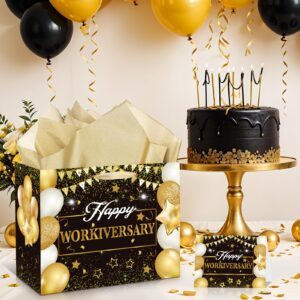 Happy Work Anniversary Gift Bag with Tissue Paper and Card Large Black Gold Happy Workiversary Wrapping Gift Bag for Employee Men Women Office Coworker Appreciation Party Thank You Wrap Bags Supplies