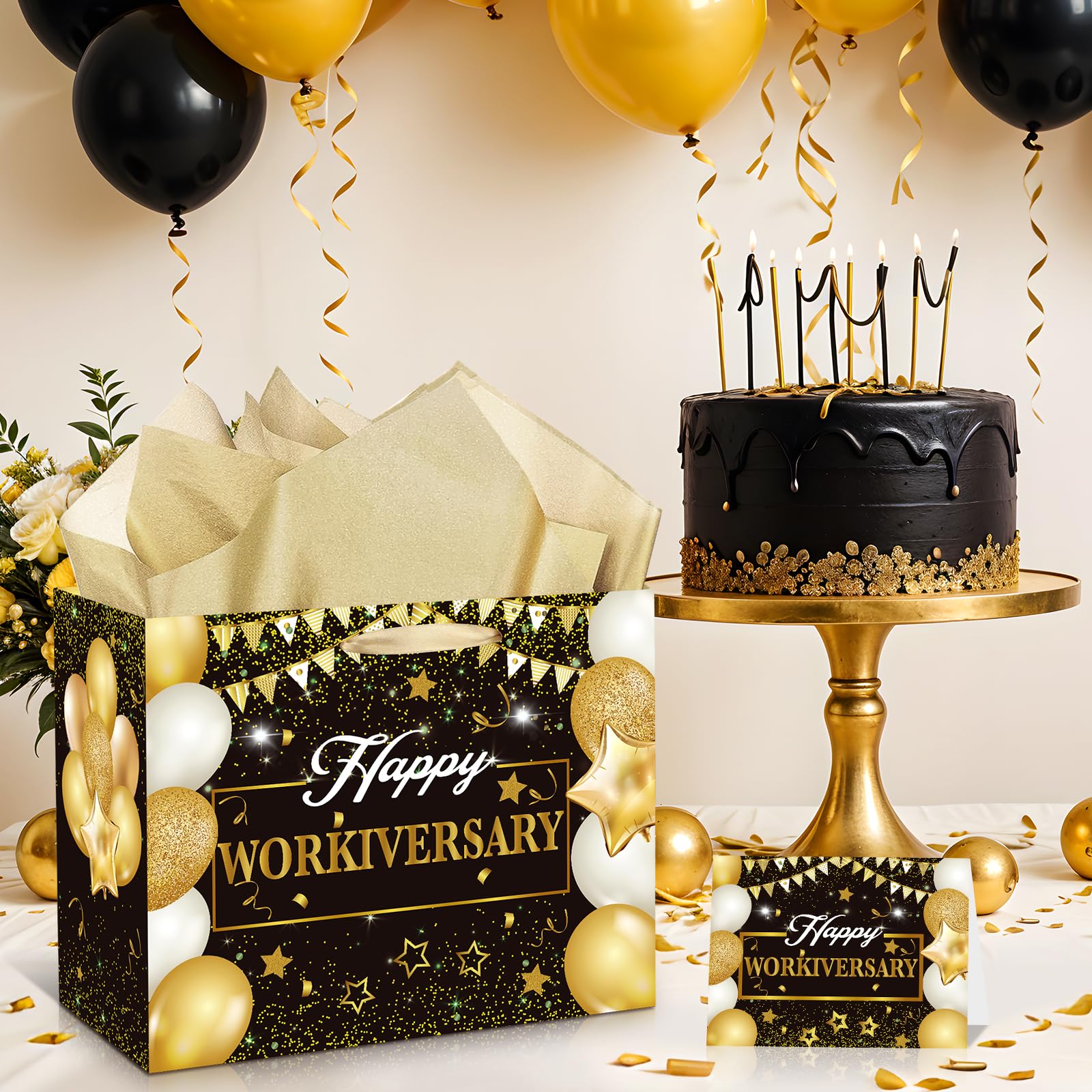 Happy Work Anniversary Gift Bag with Tissue Paper and Card Large Black Gold Happy Workiversary Wrapping Gift Bag for Employee Men Women Office Coworker Appreciation Party Thank You Wrap Bags Supplies