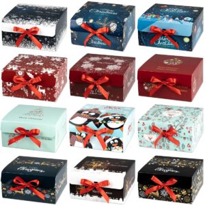 artlymers christmas gift boxes with lids, 12 pack gift boxes and red ribbon christmas themed pattern small gift boxes for christmas presents gifts easy assemble