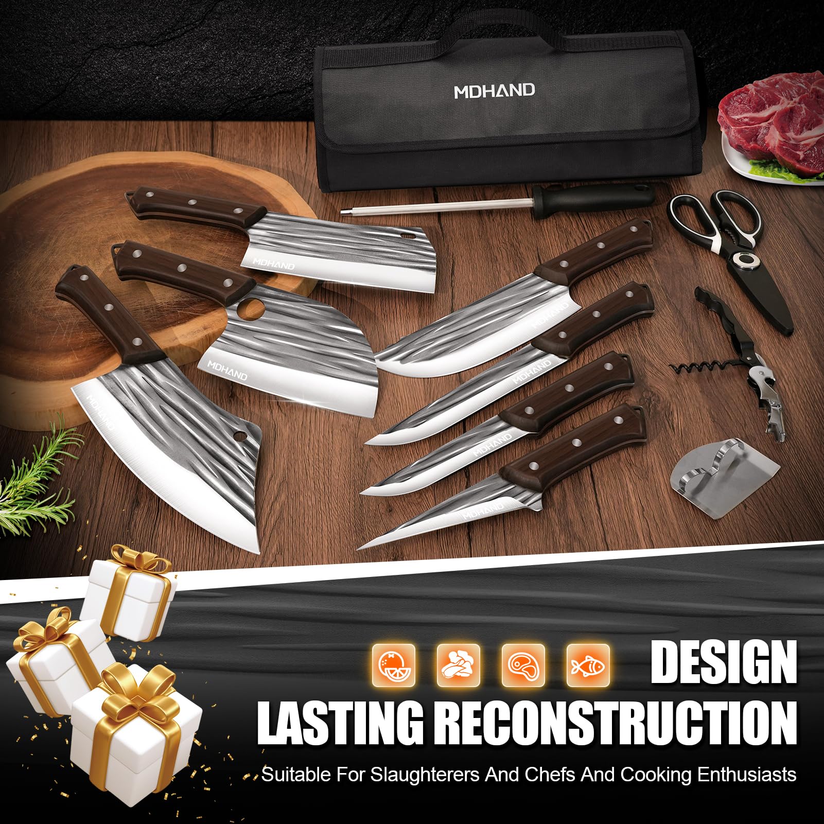 MDHAND 14PCS Professional Butcher Knife Set with Bag, Hand Forged High Carbon Steel Meat Cleaver Knife Set, Serbian Chef Knife Viking Boning with Sheaths for Kitchen Outdoor BBQ Camping