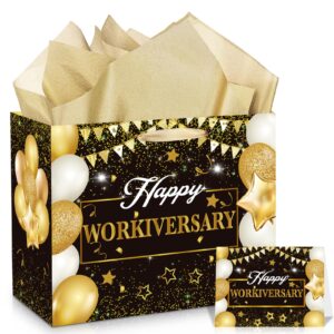 happy work anniversary gift bag with tissue paper and card large black gold happy workiversary wrapping gift bag for employee men women office coworker appreciation party thank you wrap bags supplies