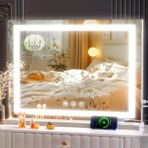 gvnkvn makeup vanity mirror with usb charging port 28" x 22" large led makeup mirror, desk mirorr with lights, light up mirror with 10x magnification and, dimmable 3 modes, touch control white