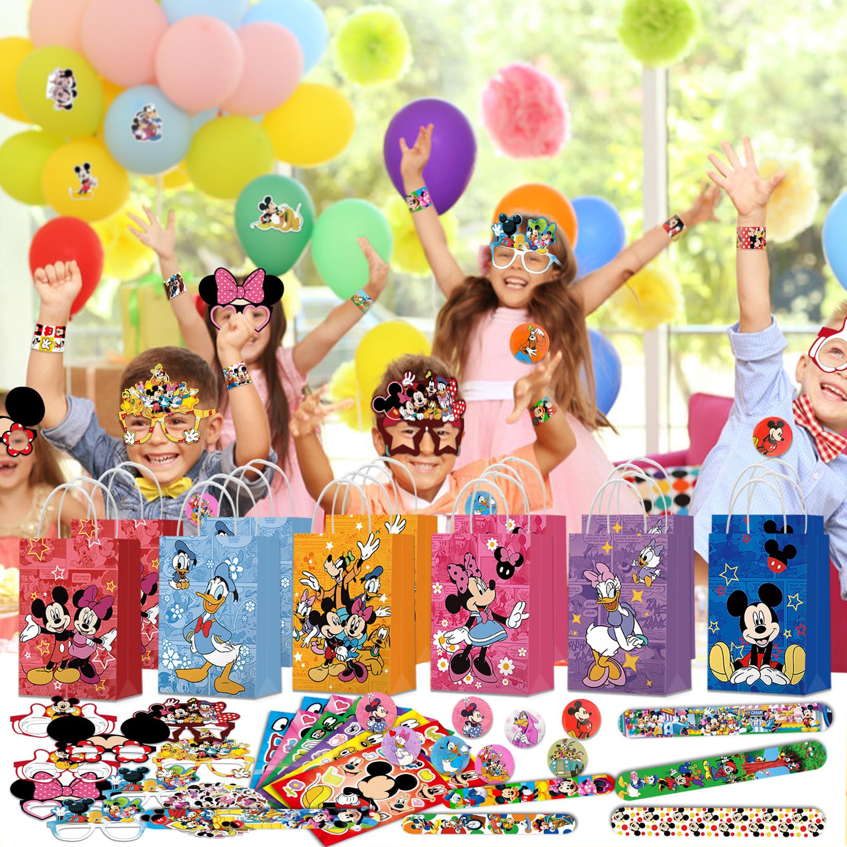 Mouse Party Favors, 122 PCS Mouse Party Supplies include Gift Bags, Make a Face Stickers, Spring Toys, Slap Bracelet, Stickers, Button Pins, Paper Party Glasses, Best Gift Bag Filler for Themed Party