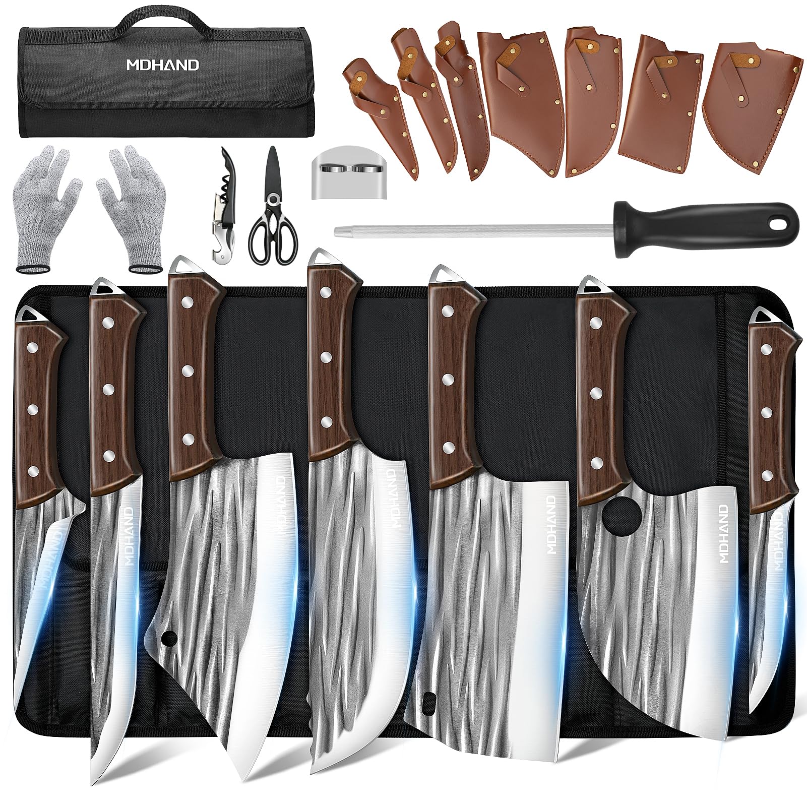 MDHAND 14PCS Professional Butcher Knife Set with Bag, Hand Forged High Carbon Steel Meat Cleaver Knife Set, Serbian Chef Knife Viking Boning with Sheaths for Kitchen Outdoor BBQ Camping