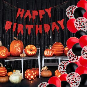 Red Black Happy Birthday Glittery Halloween Banner Black Foil Curtains Backdrop 3D Bat Sticker Latex Balloons Confetti Balloon for Birthday Party Decoration Halloween Party Supplies